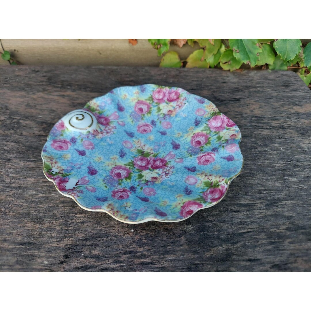 Vintage Taiyo China Rose Chintz Scalloped Dish With Snail Accent ...