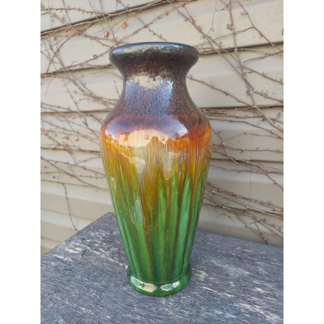 Handmade Hosley TM Potteries Green & Brown Gradient Glazed Ceramic Vase ...