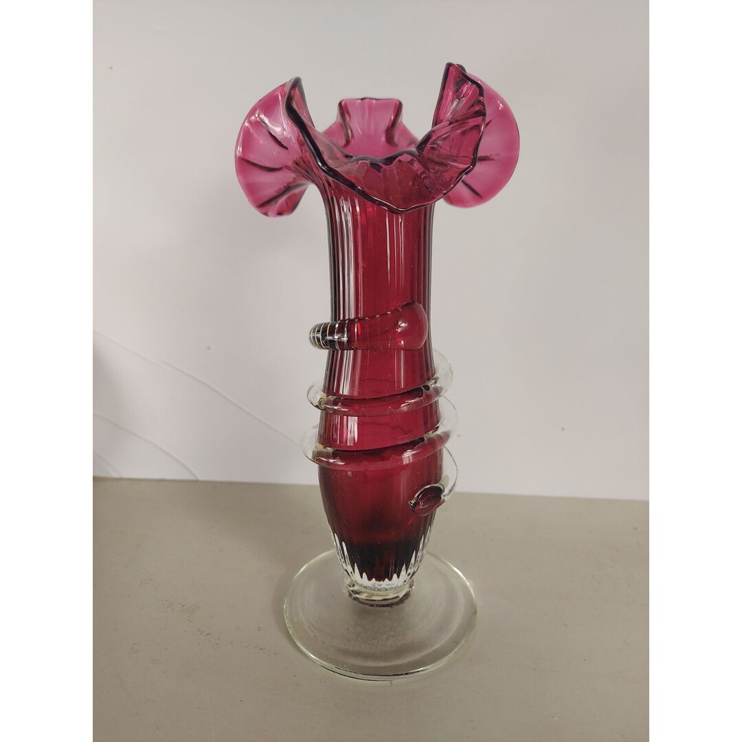 Antique Ribbed Cranberry Glass Vase W/ Applied Rigaree Ruffled Edge - Etsy
