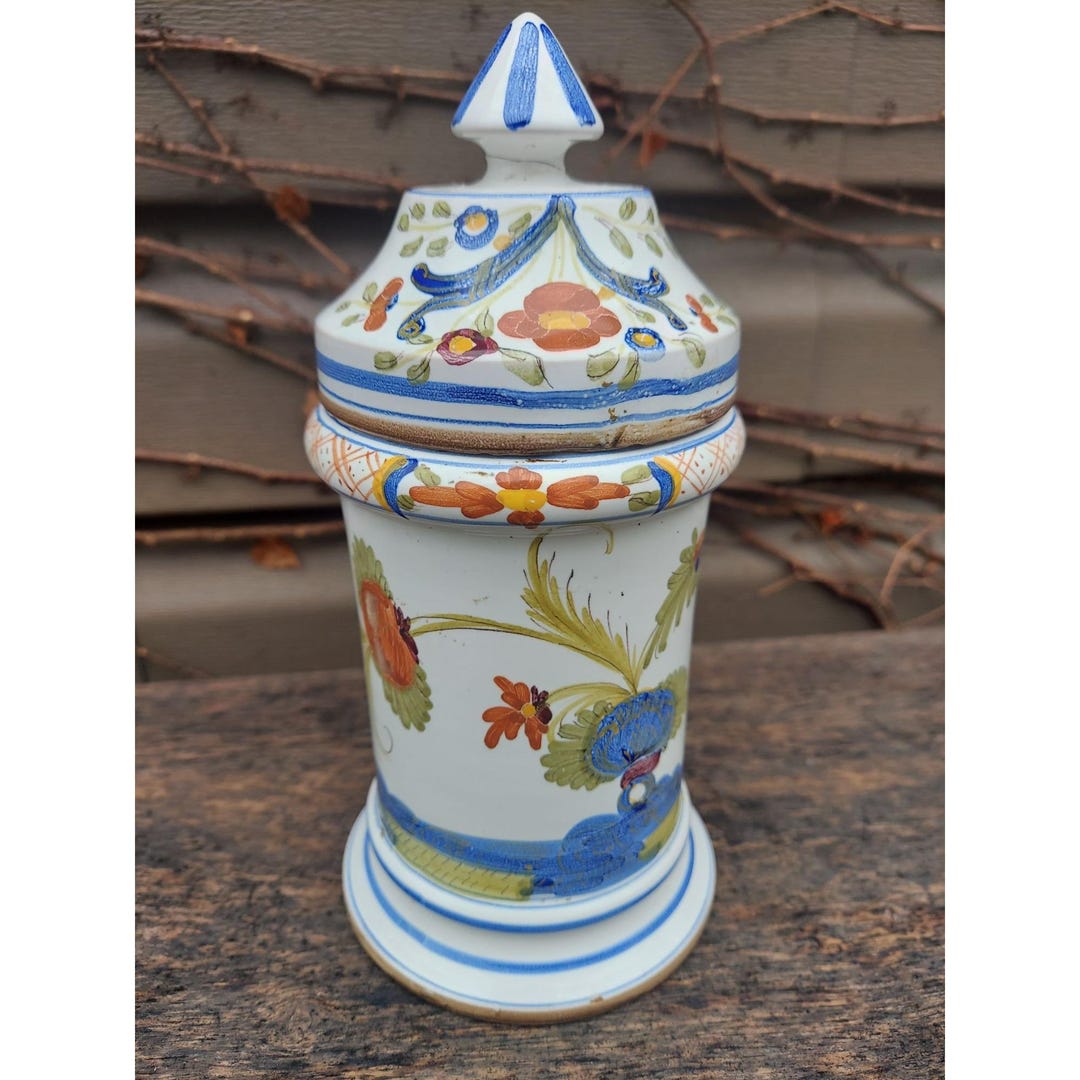 Hand-painted Blue Carnation Italian Faenza Style Apothecary Jar W/ Lid ...