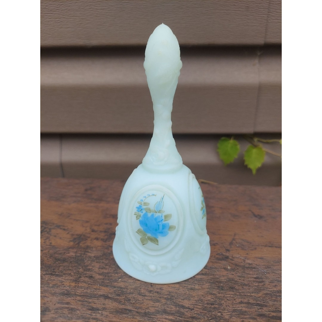 Vintage Fenton Light Blue Satin Glass Bell Hand Painted Flowers Signed ...