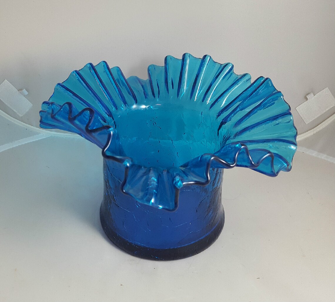 Vintage 60s Ruffled Top Blenko Blue Crackle Glass Vase - Etsy