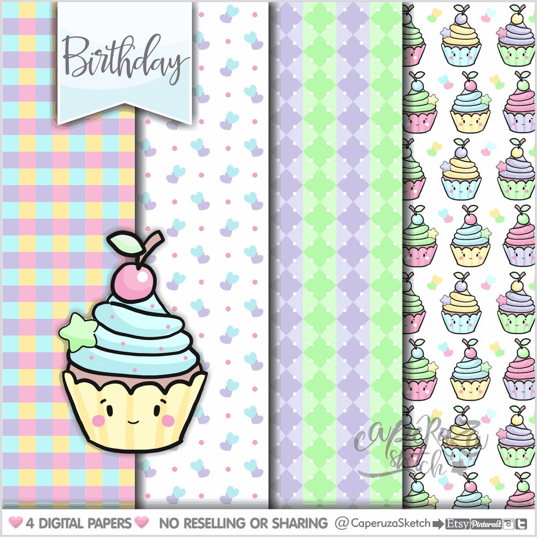 Birthday Digital Paper, Cupcake Digital Paper, COMMERCIAL USE, Bithday ...