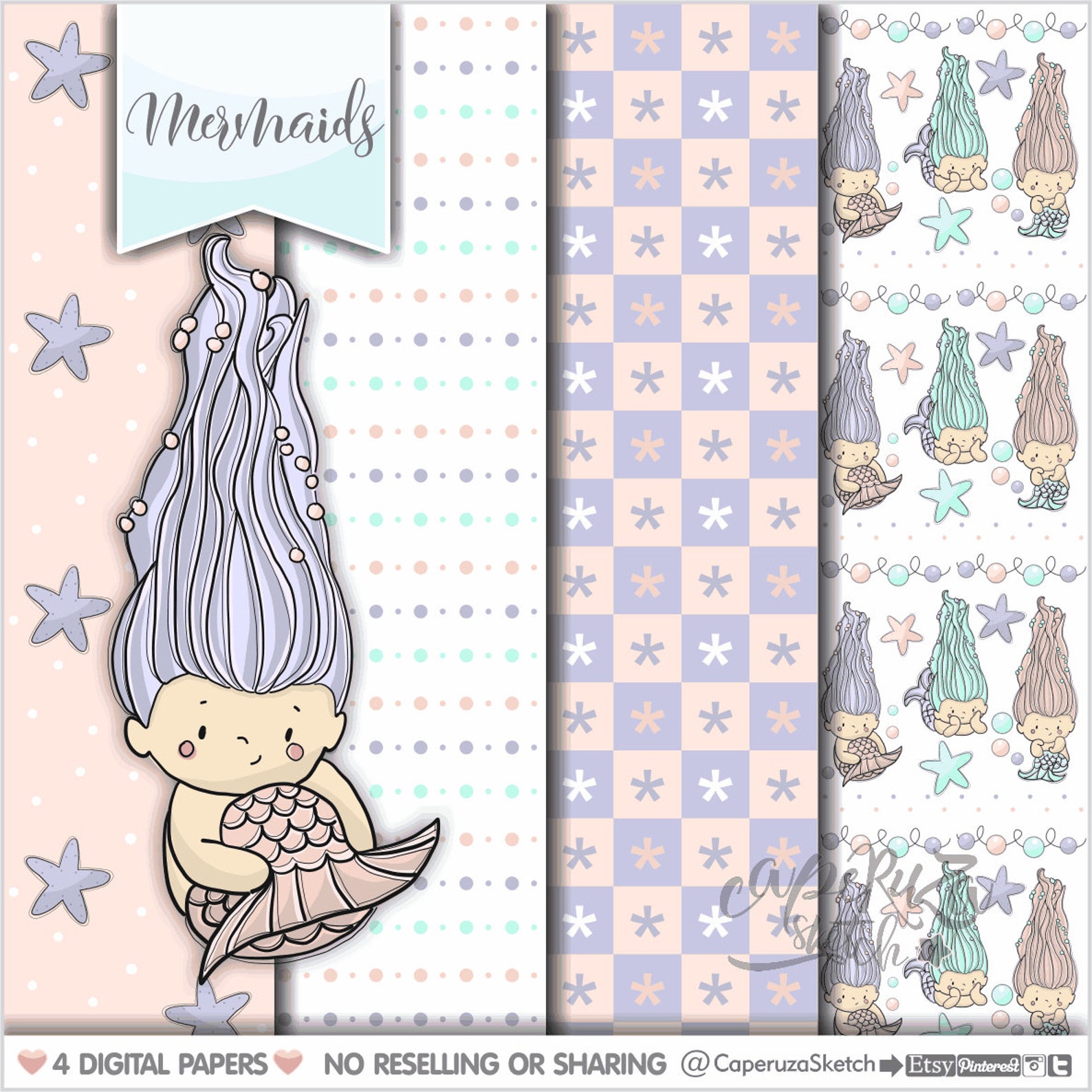 Mermaid Digital Paper Princess Digital Paper Mermaid - Etsy