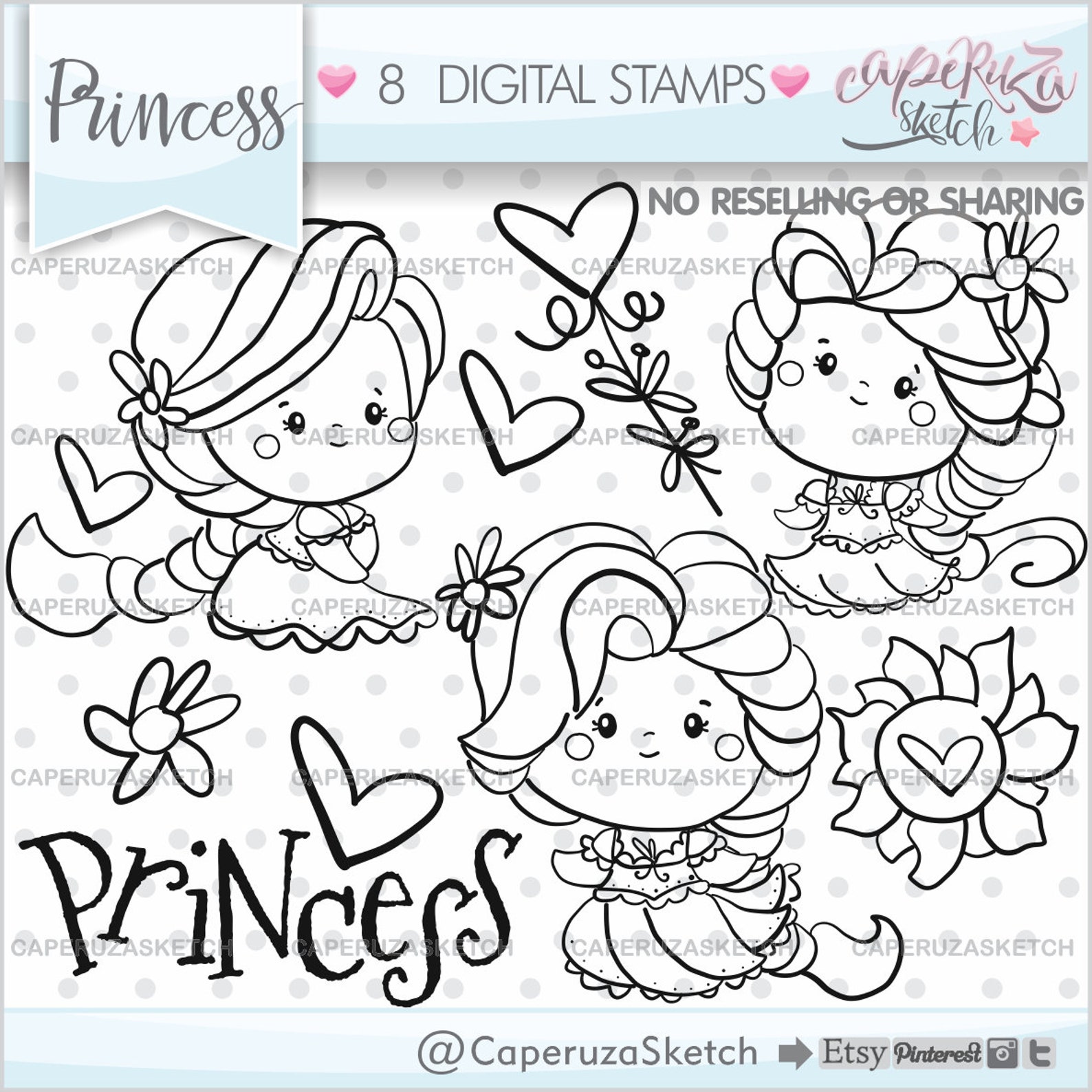 Princess Stamps Princess Coloring Pages COMMERCIAL USE | Etsy