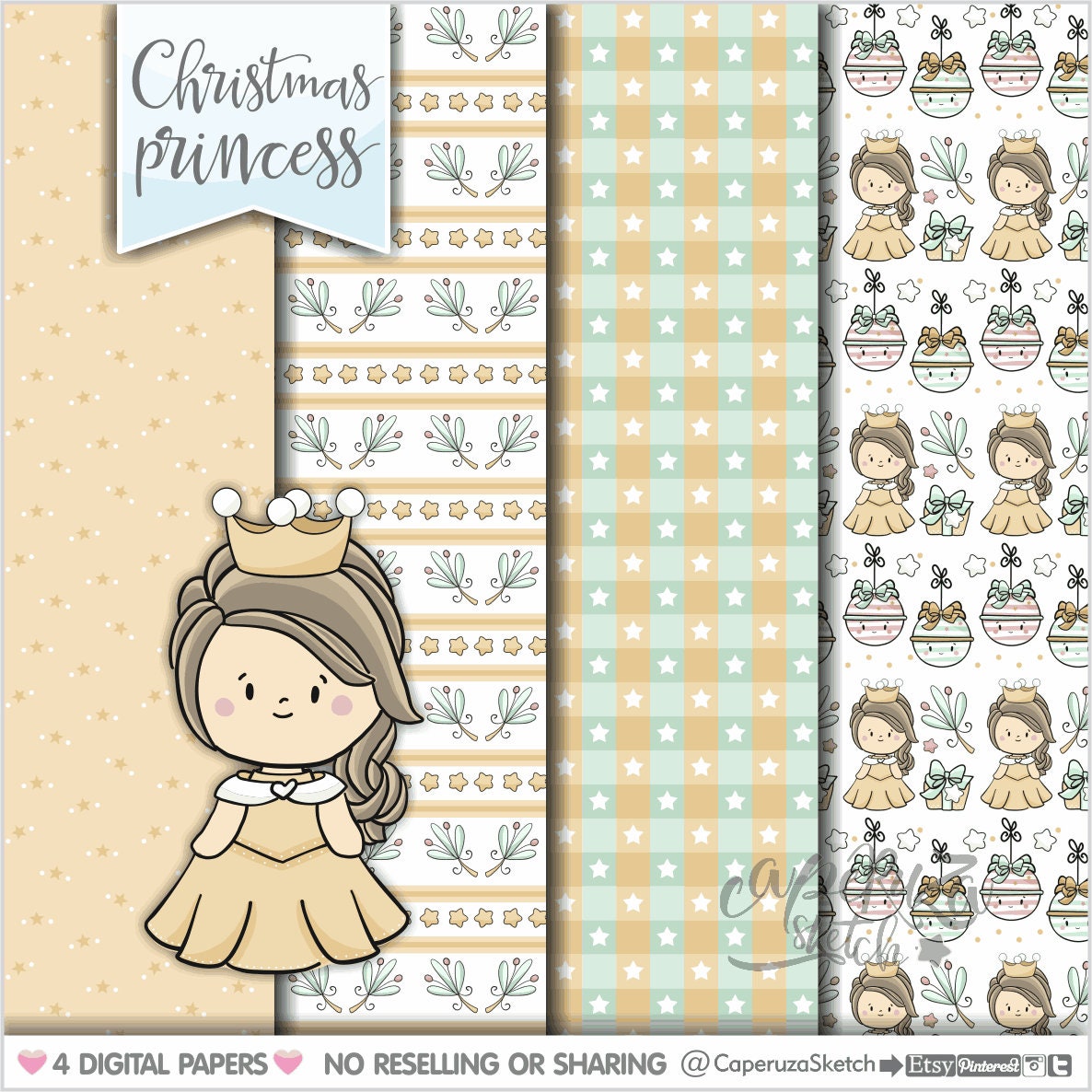 Princess Digital Paper Princess Printable Paper Christmas | Etsy