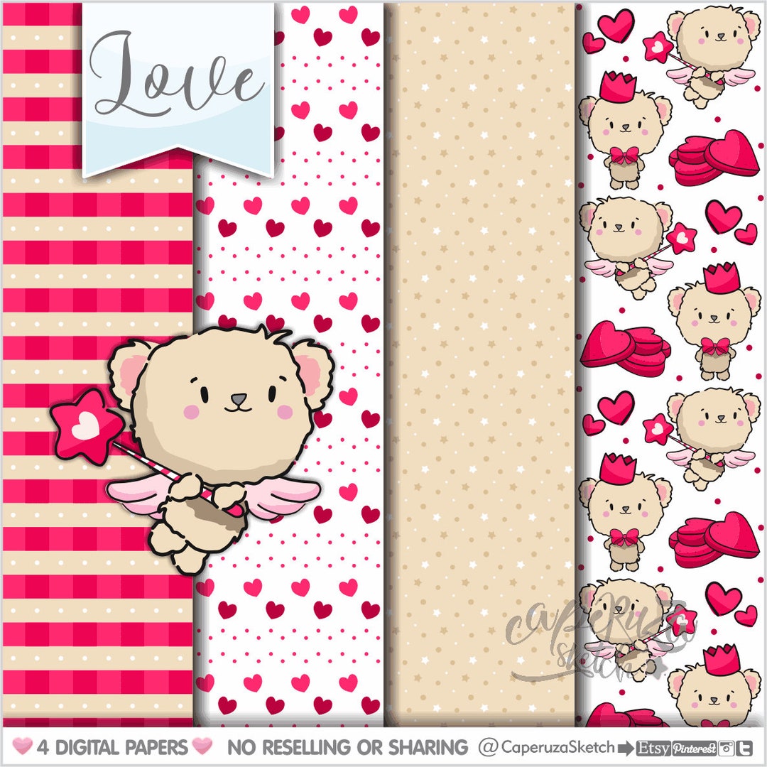 Love Digital Papers, Valentines Day Pattern, COMMERCIAL USE, Bear ...