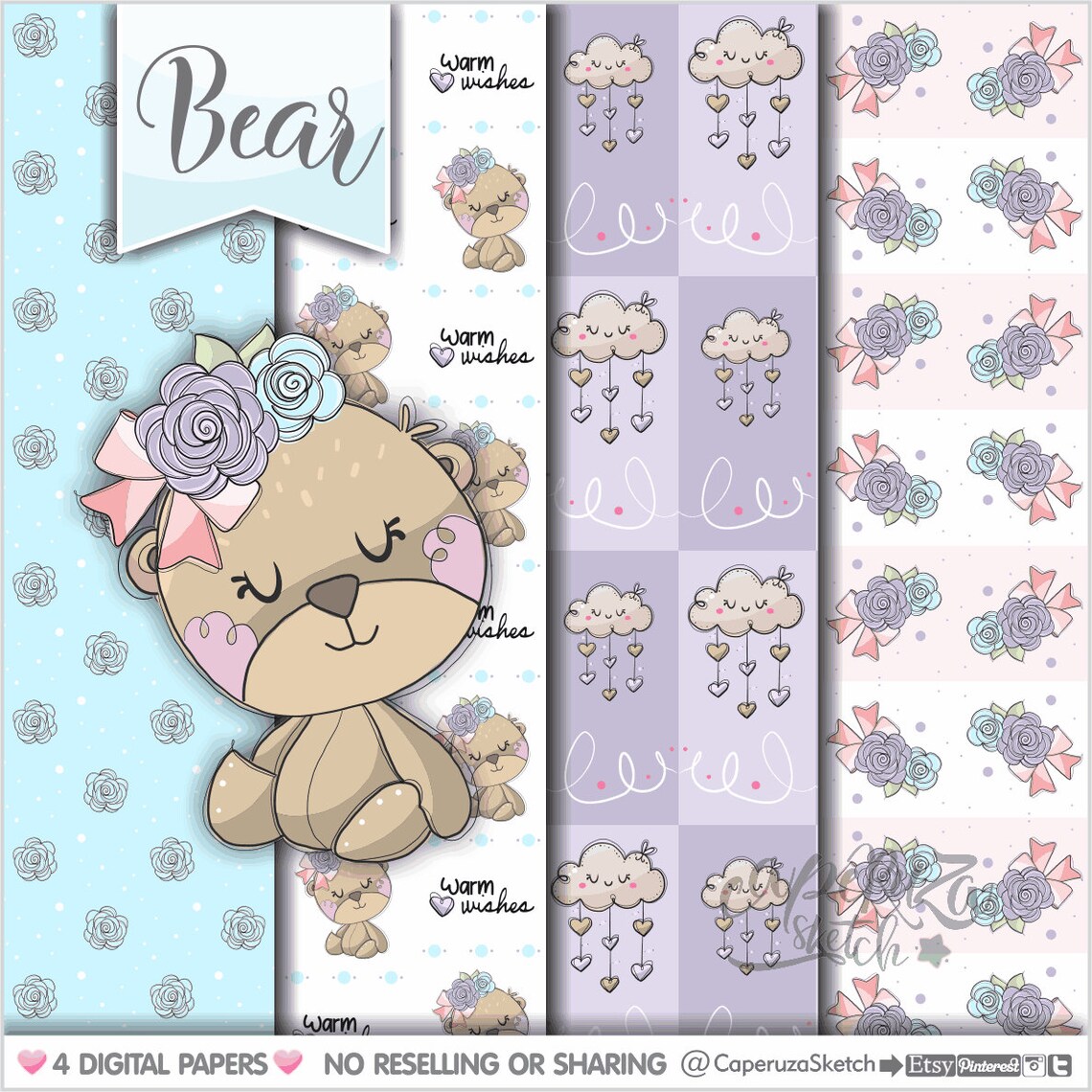 Bear Digital Paper Bear Pattern Bear Gift Wrap COMMERCIAL - Etsy