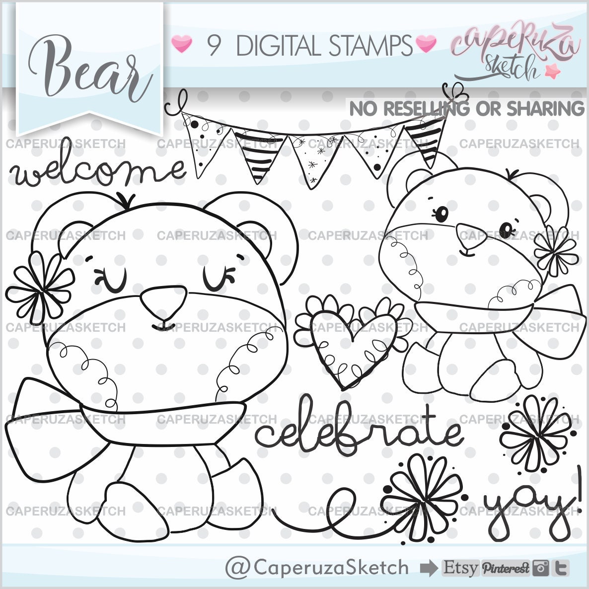 Bear Stamps Bear Coloring Page Bear Graphics COMMERCIAL | Etsy