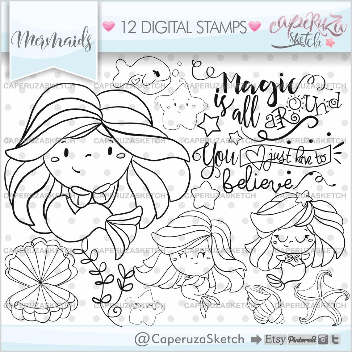 Mermaid Stamps Princess Stamps Digital Stamp Digistamp | Etsy
