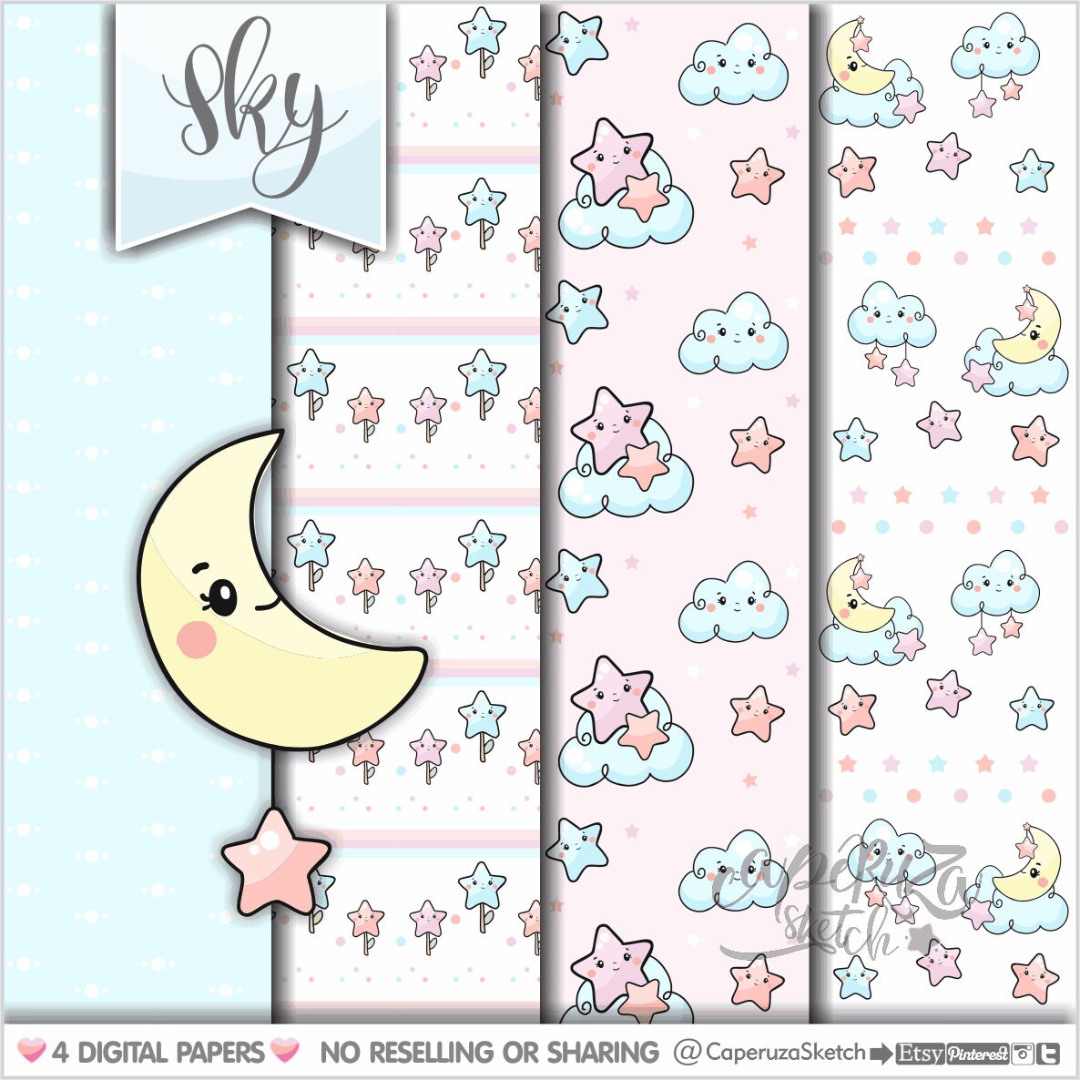Moon Pattern Sky Digital Paper Cloud Pattern COMMERCIAL - Etsy