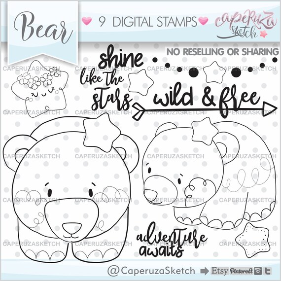 Bear Stamps Bear Coloring Page COMMERCIAL USE Wild and - Etsy