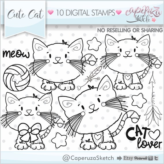 Cat Stamps Cat Digital Stamps COMMERCIAL USE Cat Coloring - Etsy
