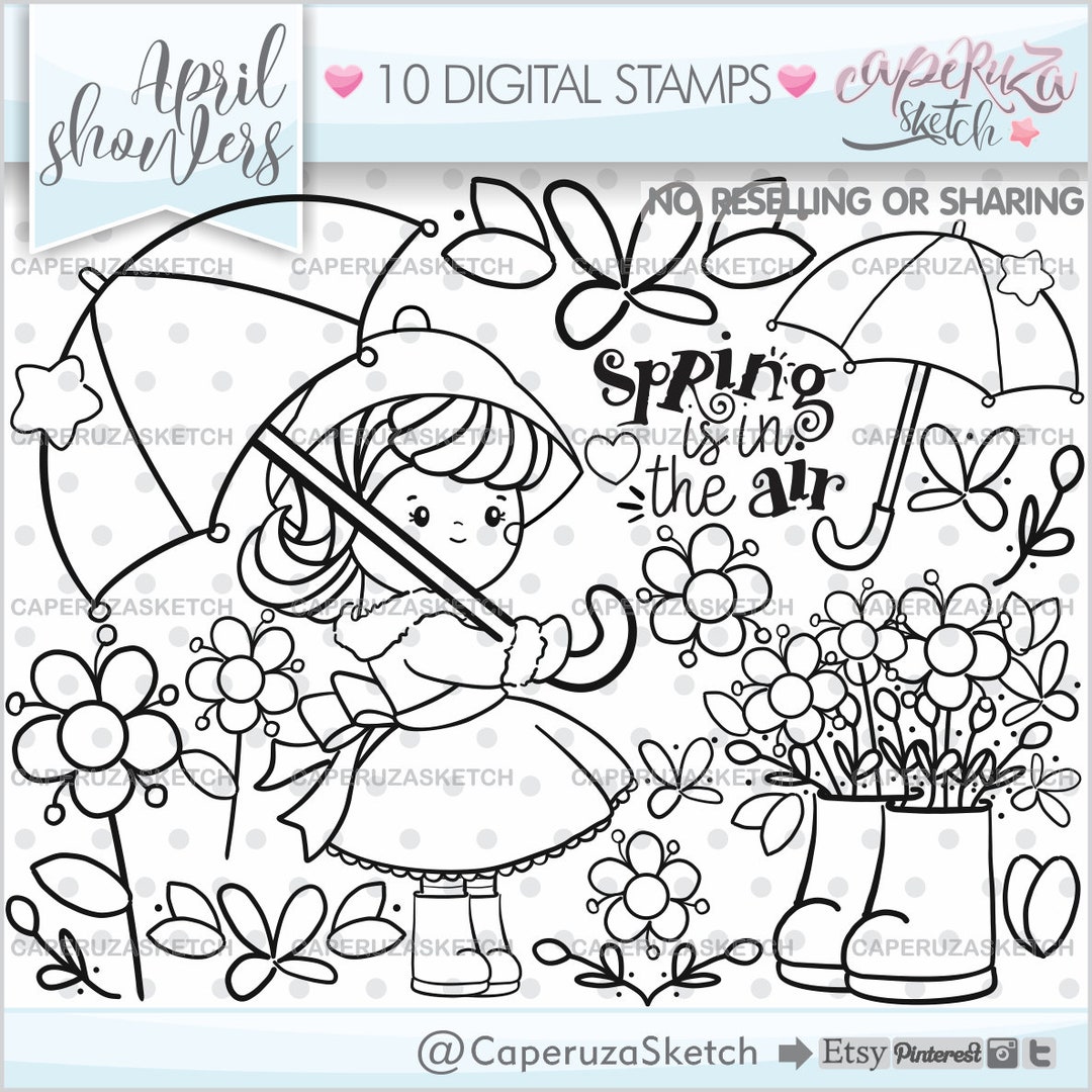 April Showers Digital Stamps, Spring Digital Stamps, COMMERCIAL USE ...