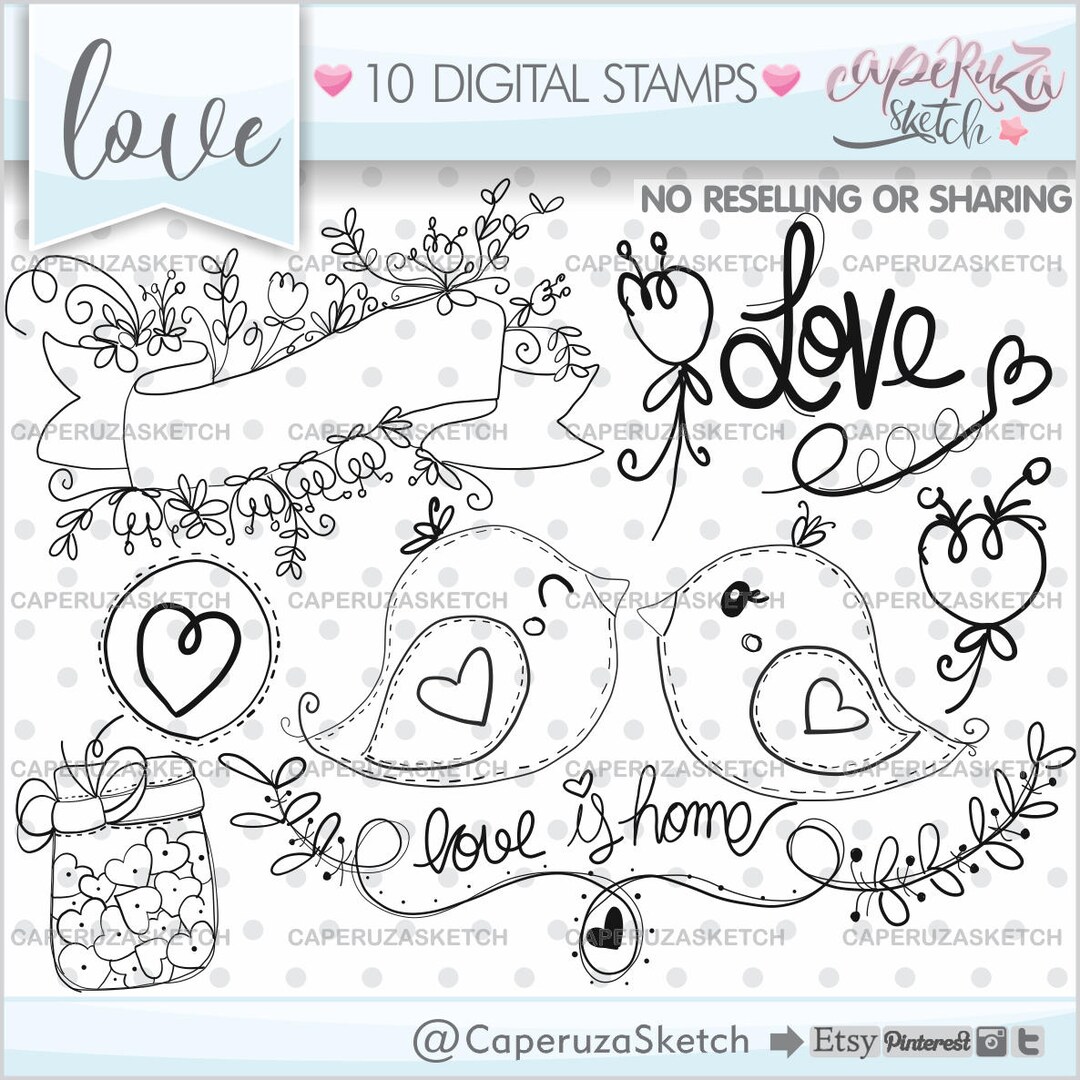 Valentine Day Stamp, Digital Stamp, Digital Image, Bird Digistamp ...