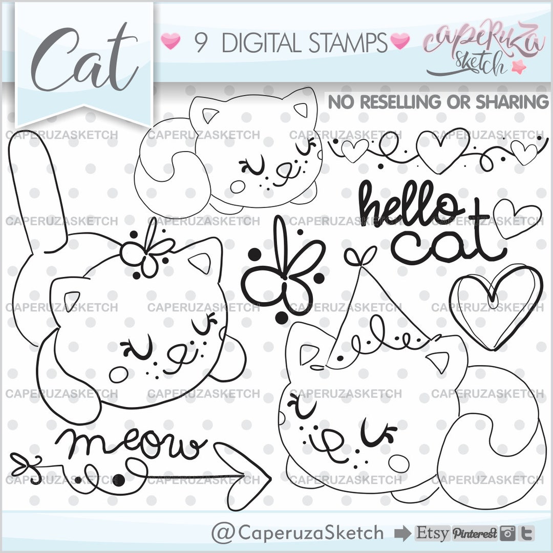 Cat Stamps, Animal Stamps, Cat Coloring Page, COMMERCIAL USE, Hello Cat ...