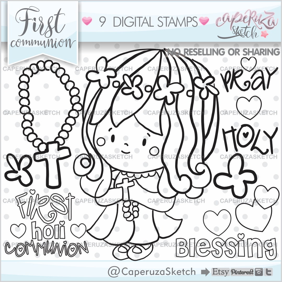 First Communion Stamp, Digistamp, Girl Digistamp, COMMERCIAL USE, Girl ...