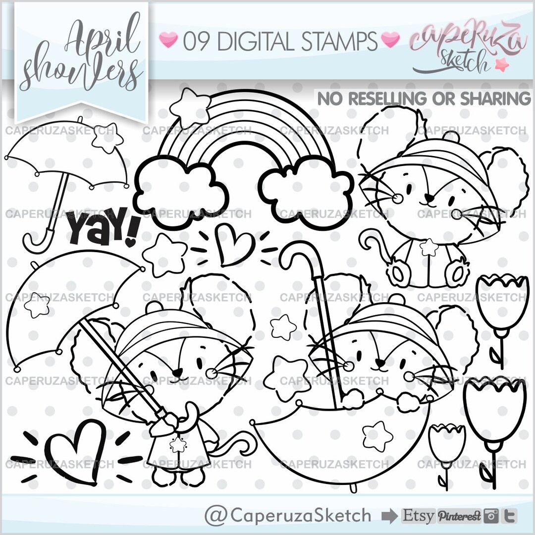 Mouse Digital Stamps, April Showers Stamps, Rain Showers, COMMERCIAL ...