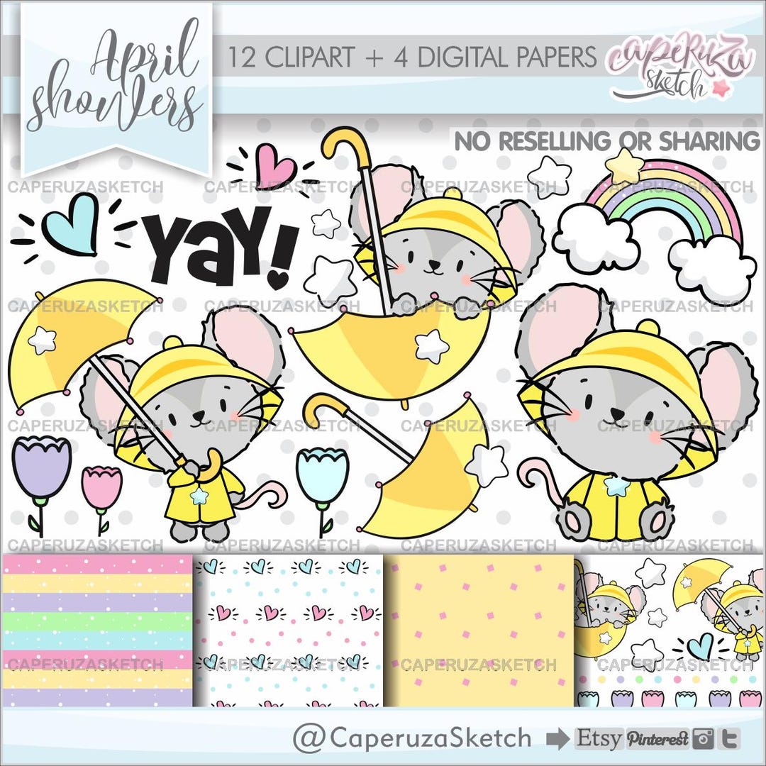 April Showers Clip Art, Rain Showers, COMMERCIAL USE, Mouse Clipart ...