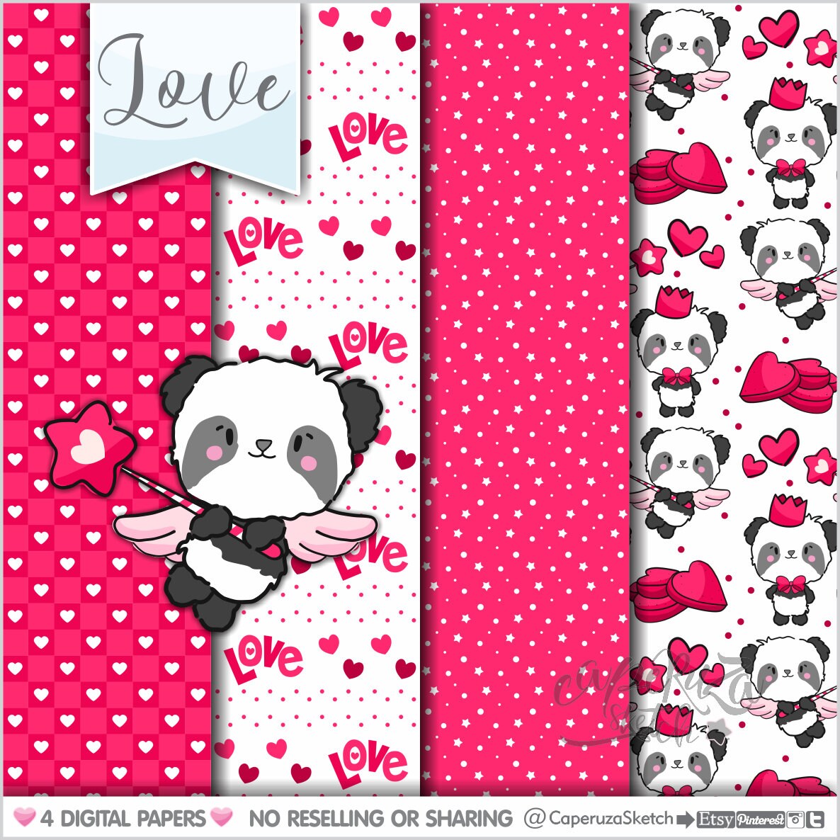 Panda Digital Papers Valentines Day Digital Papers - Etsy