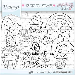 Unicorn Stamps, COMMERCIAL USE, Digital Stamps, Line Art, Unicorn Hand ...