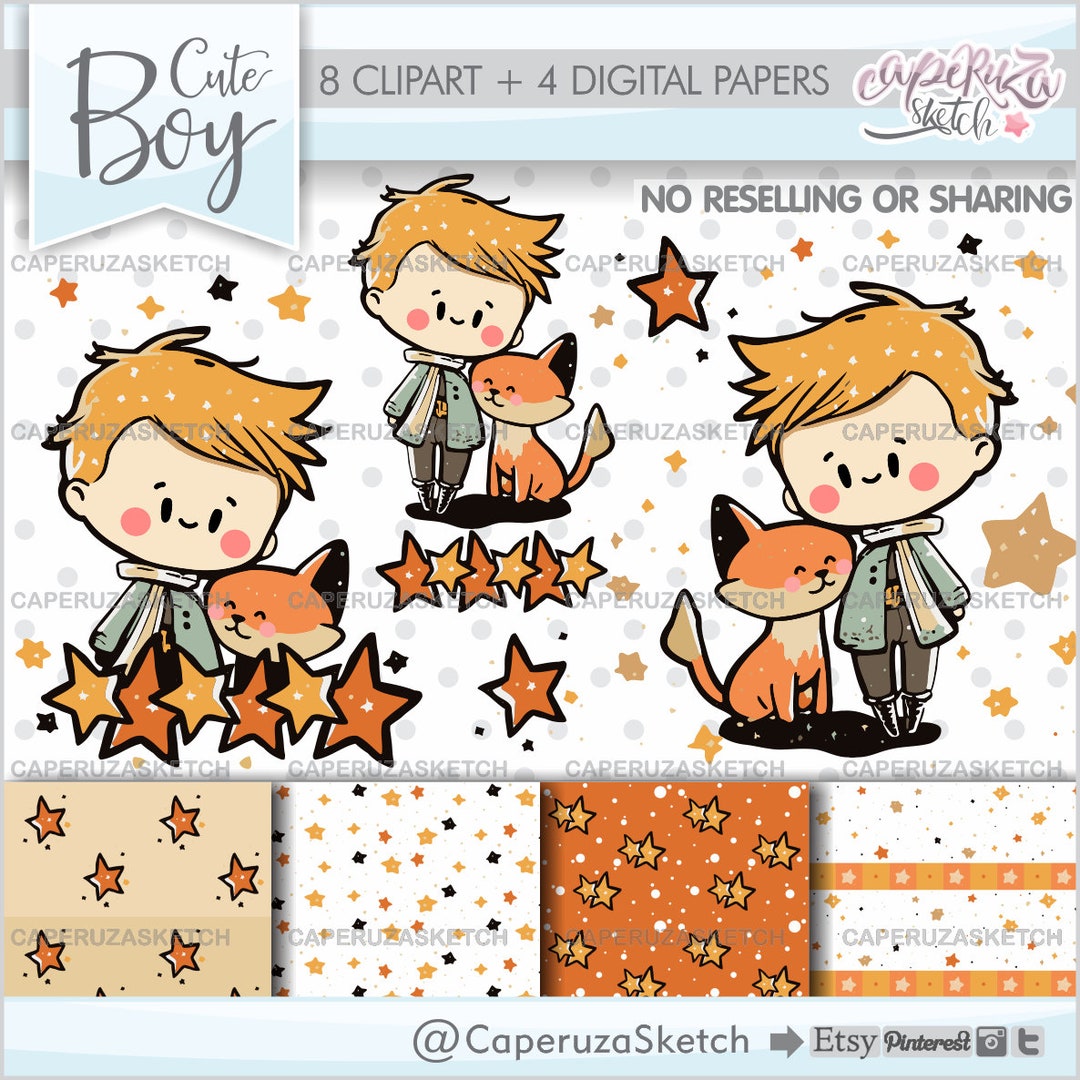 Boy Clipart, Cute Boy Clipart, Boy With a Fox Clipart, Story Clipart ...