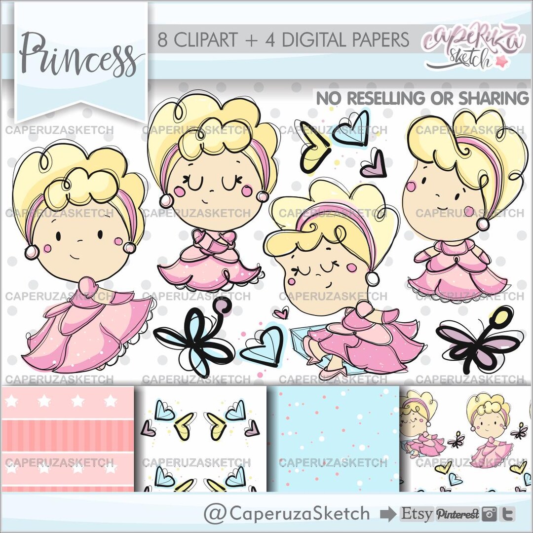 Princess Clipart, Princess Graphics, COMMERCIAL USE, Handrawn Clipart ...
