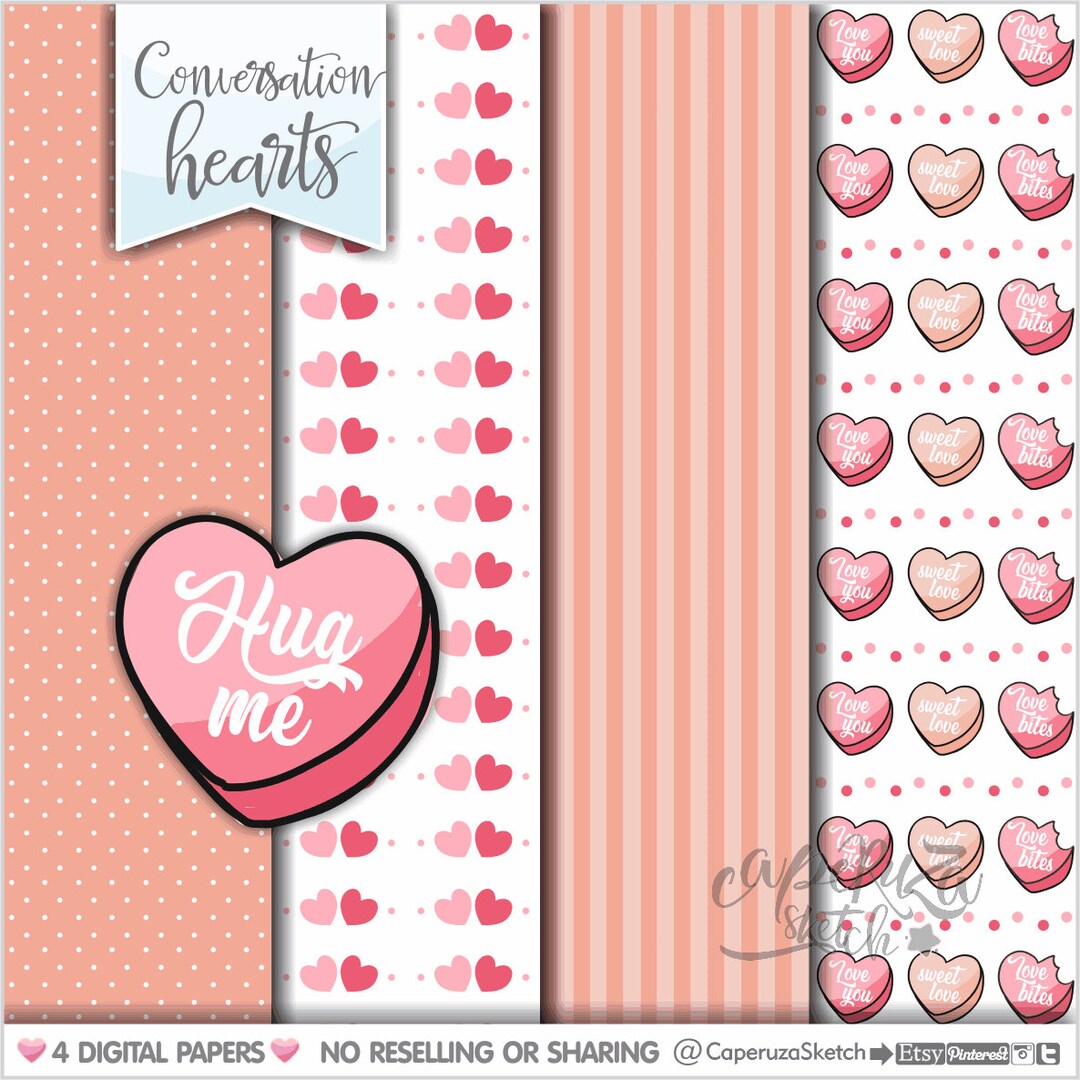 Conversation Hearts, Hearts Digital Papers, COMMERCIAL USE, Heart ...