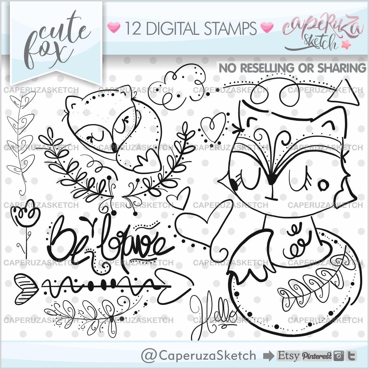 Fox Stamps Digi Stamp Digital Image Fox Digistamp | Etsy