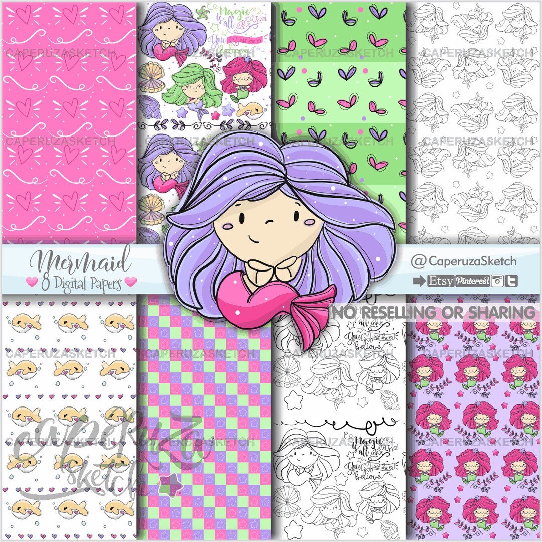 Mermaid Digital Paper, Printable Paper, Mermaid Pattern, COMMERCIAL USE ...