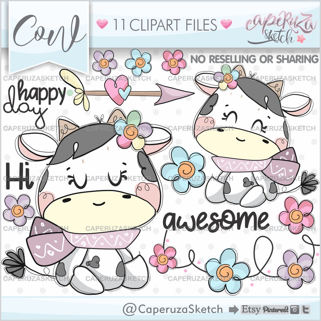 Cow Clipart, Cow Graphics, Animal Clipart, COMMERCIAL USE, Handrawn Cow ...