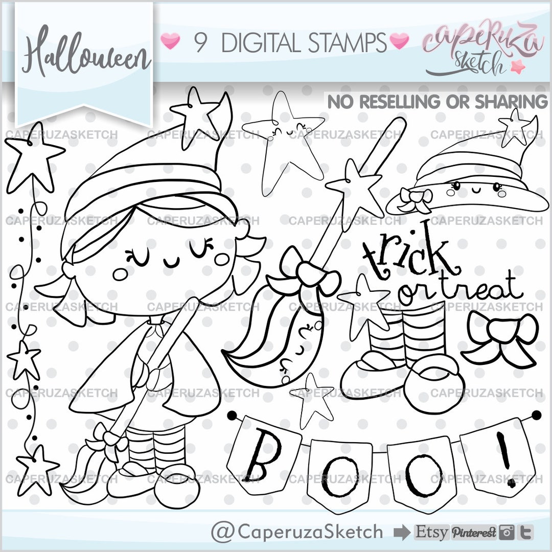 Halloween Stamps, Witch Stamps, Halloween Coloring Page, COMMERCIAL USE ...
