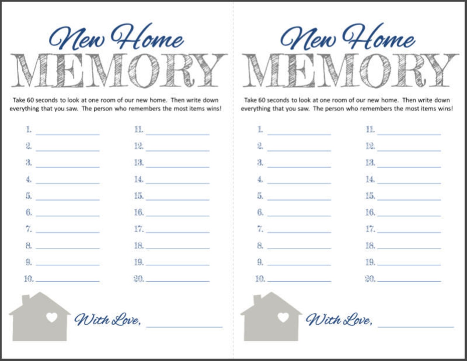 New Home Memory Game | Housewarming Party Game - Etsy