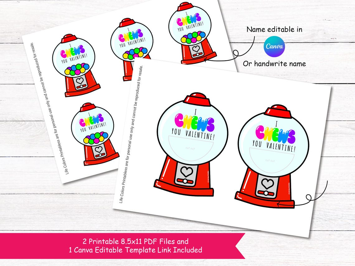Gumball Machine Valentine Card: DIY Printable Class Valentines (PDF ...