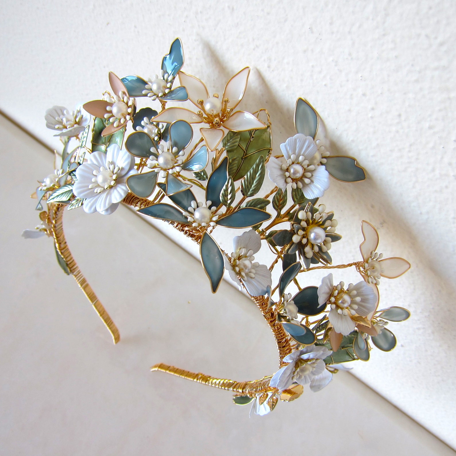Handmade Flower Blue White Wedding Tiara - Whimsical Headband Crown ...