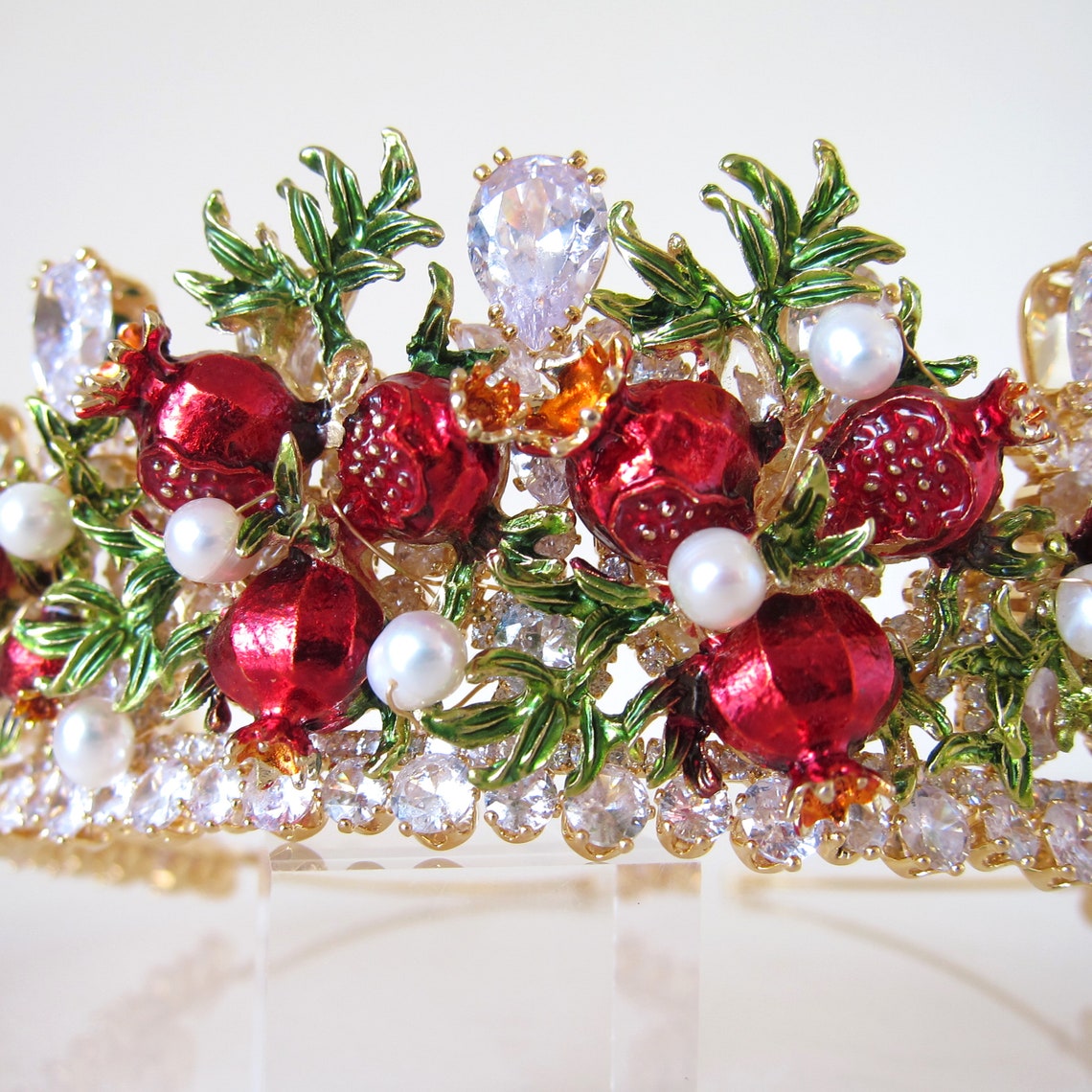 Handmade Red Gold Enamel Pomegranate Wedding Tiara Cubic Zirconia ...