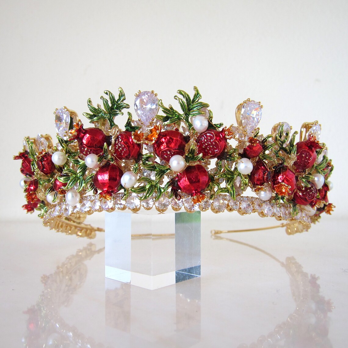 Handmade Red Gold Enamel Pomegranate Wedding Tiara Cubic Zirconia ...