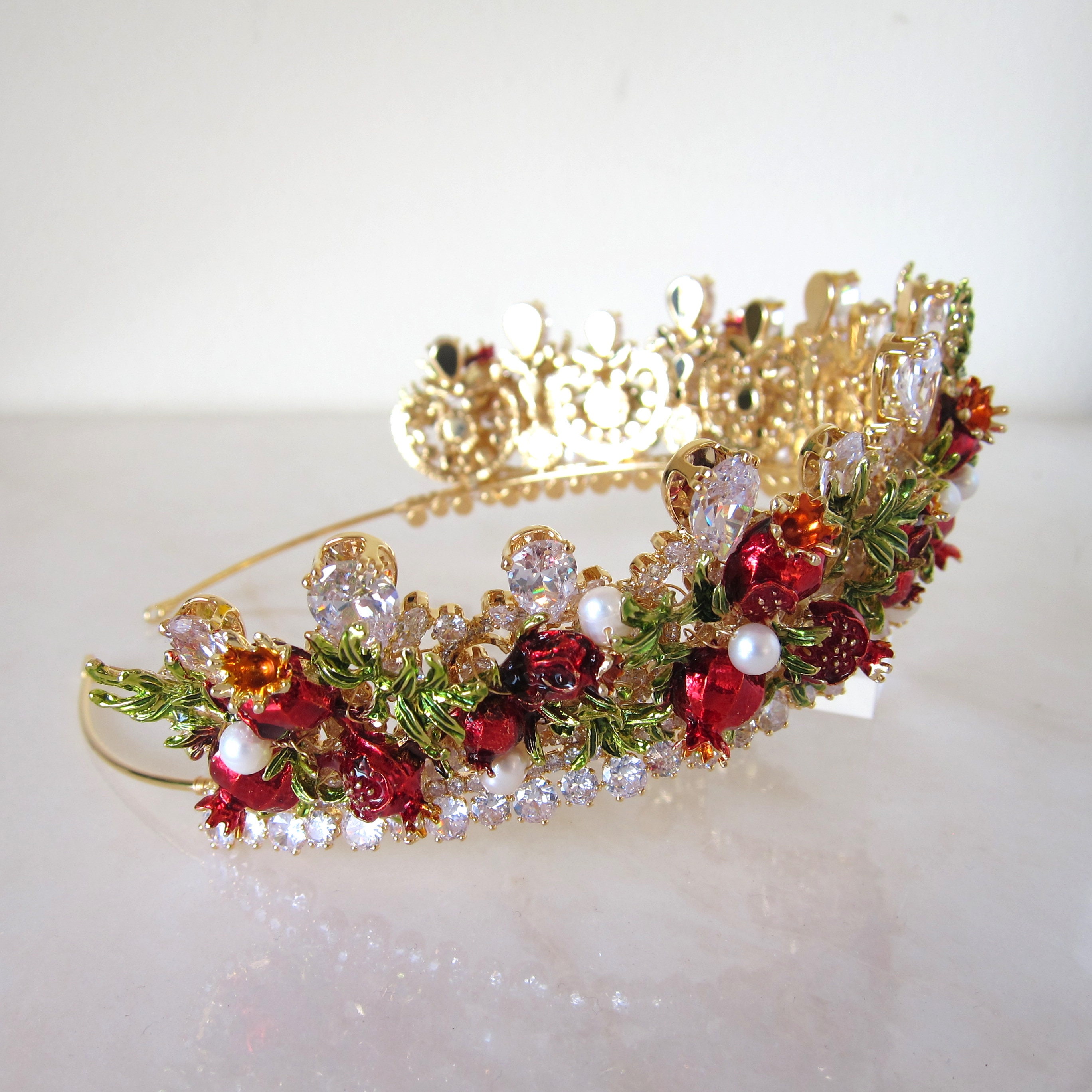Handmade Red Gold Enamel Pomegranate Wedding Tiara Cubic Zirconia ...