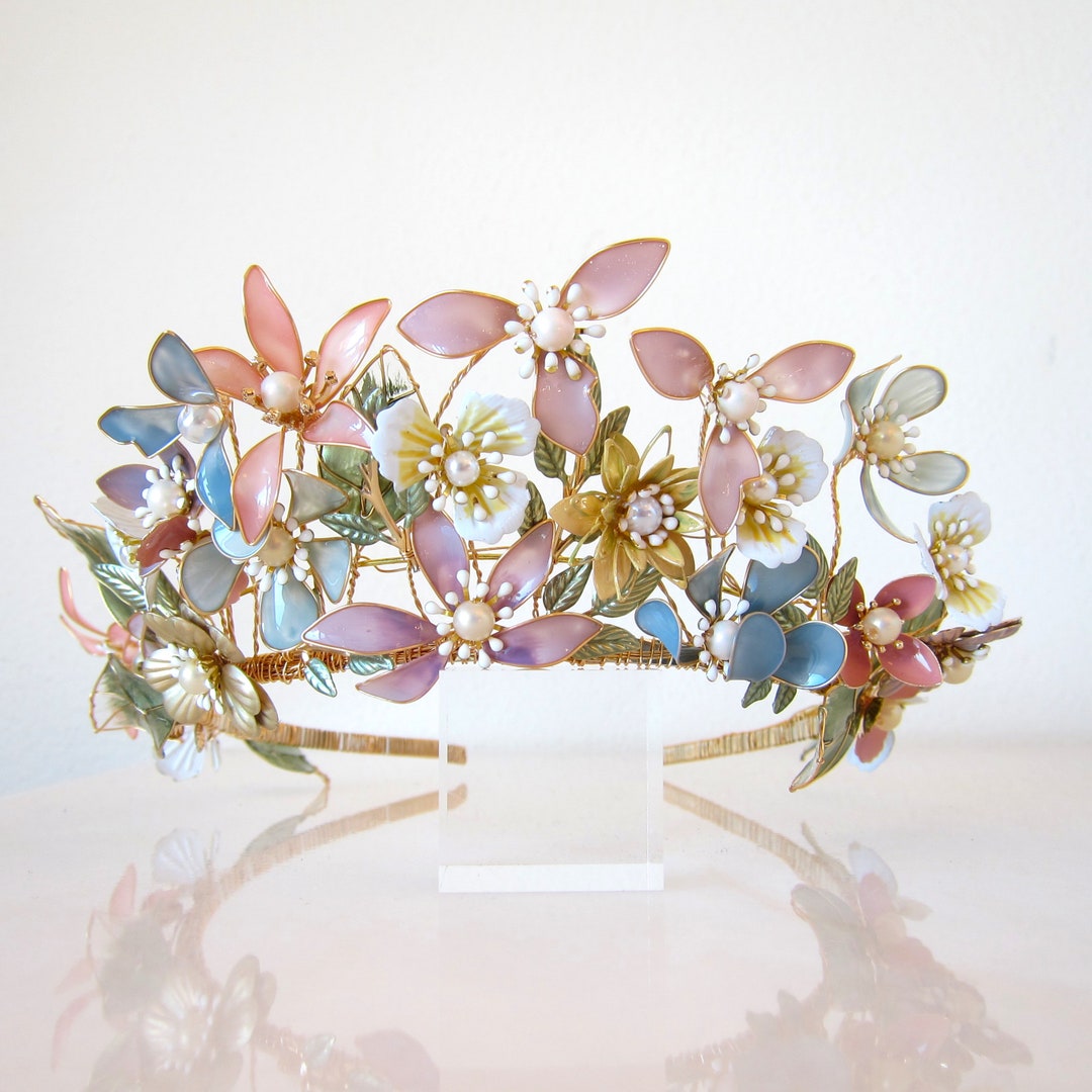 Handmade Flower Rainbow Wedding Tiara - Whimsical Headband Crown Gold ...