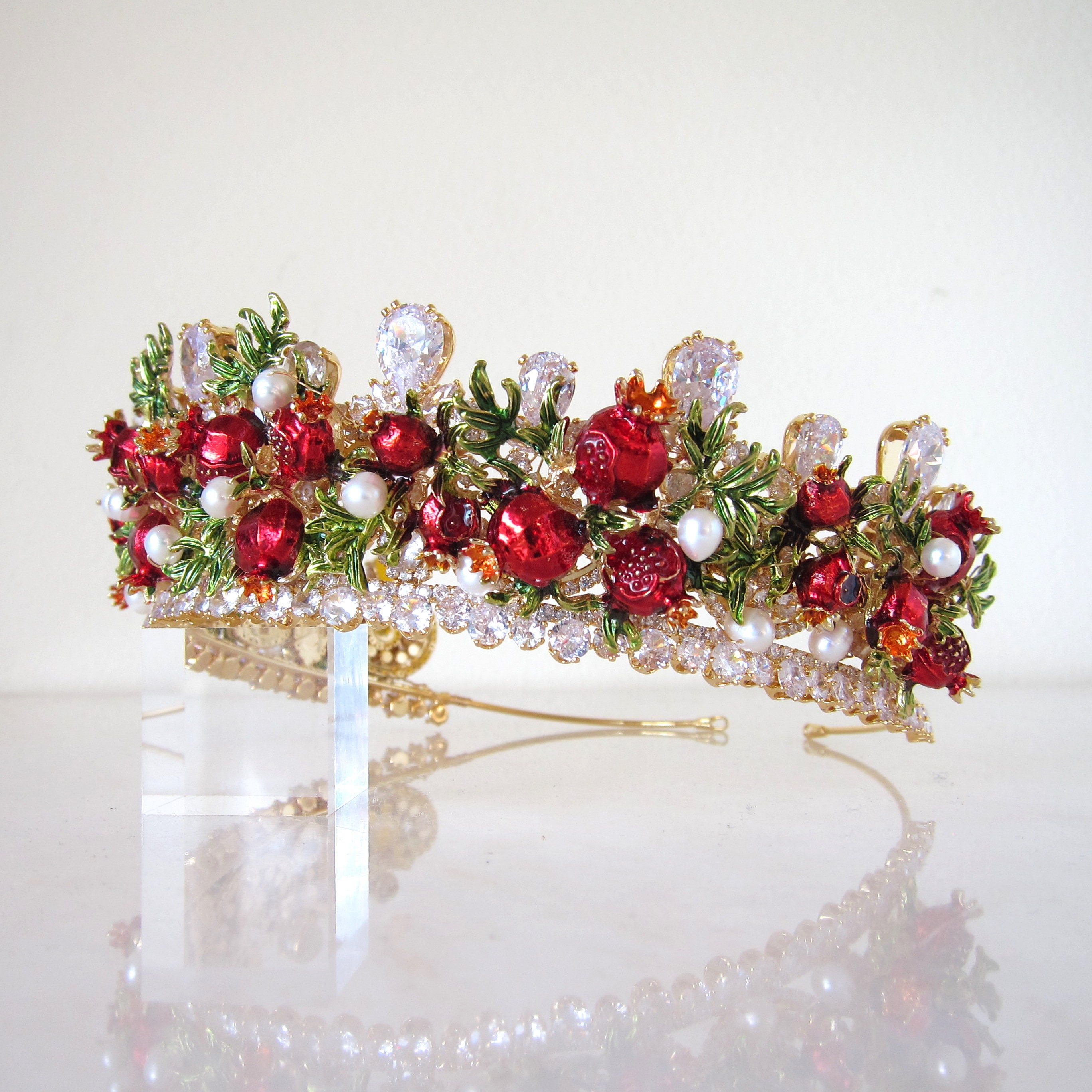 Handmade Red Gold Enamel Pomegranate Wedding Tiara Cubic Zirconia ...