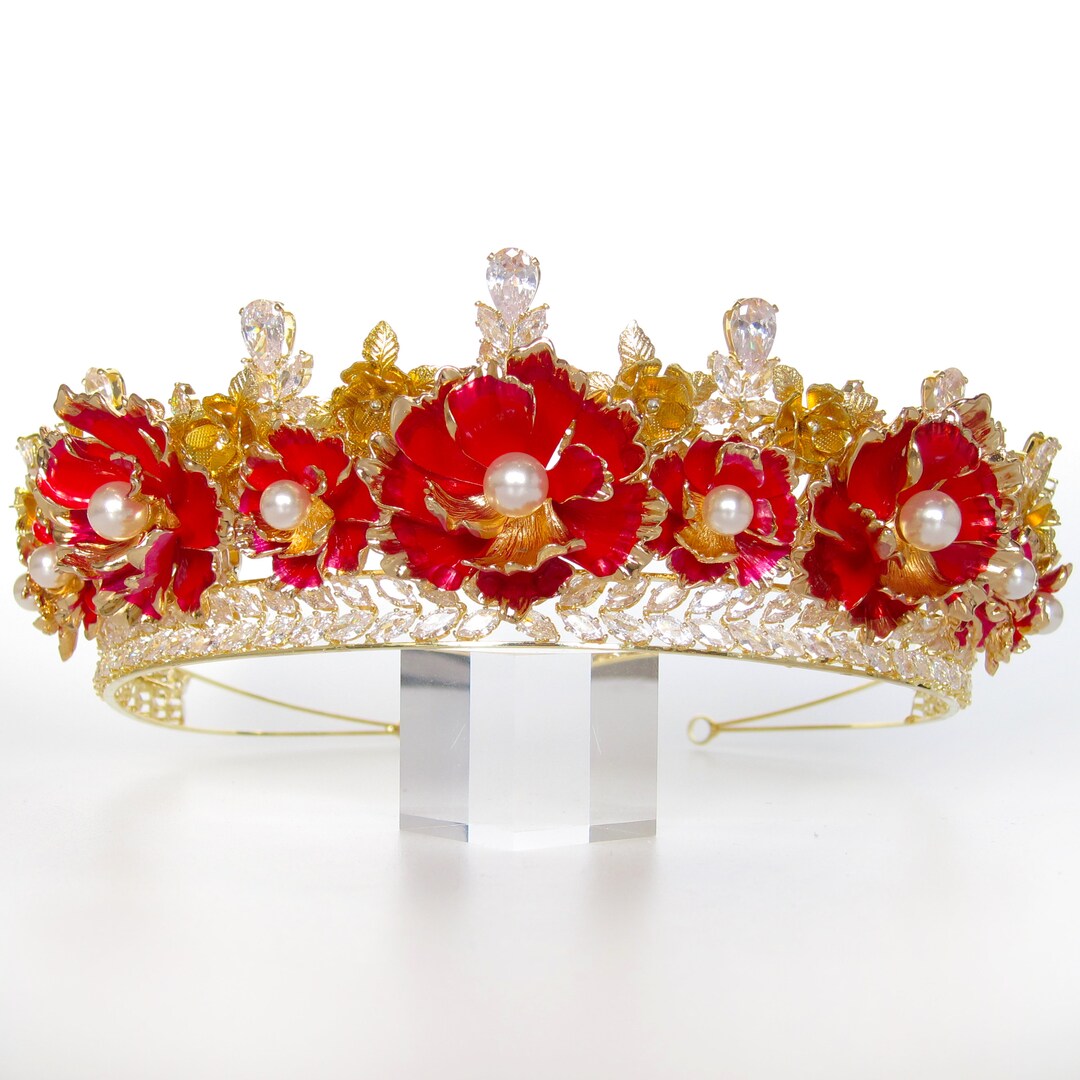 Handmade Red Gold Enamel Wedding Tiara - Cubic Zirconia Rhinestones ...