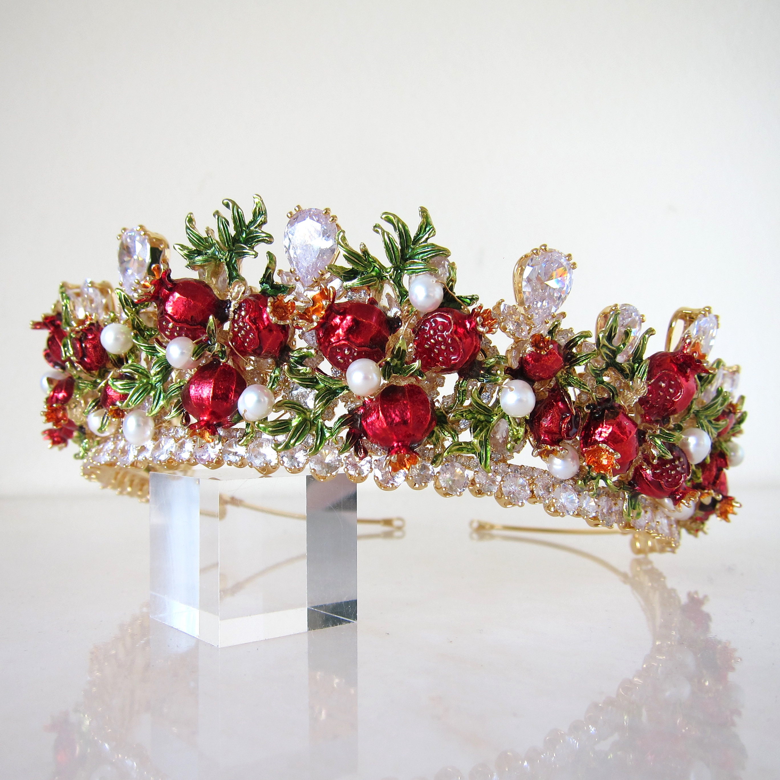 Handmade Red Gold Enamel Pomegranate Wedding Tiara Cubic Zirconia ...