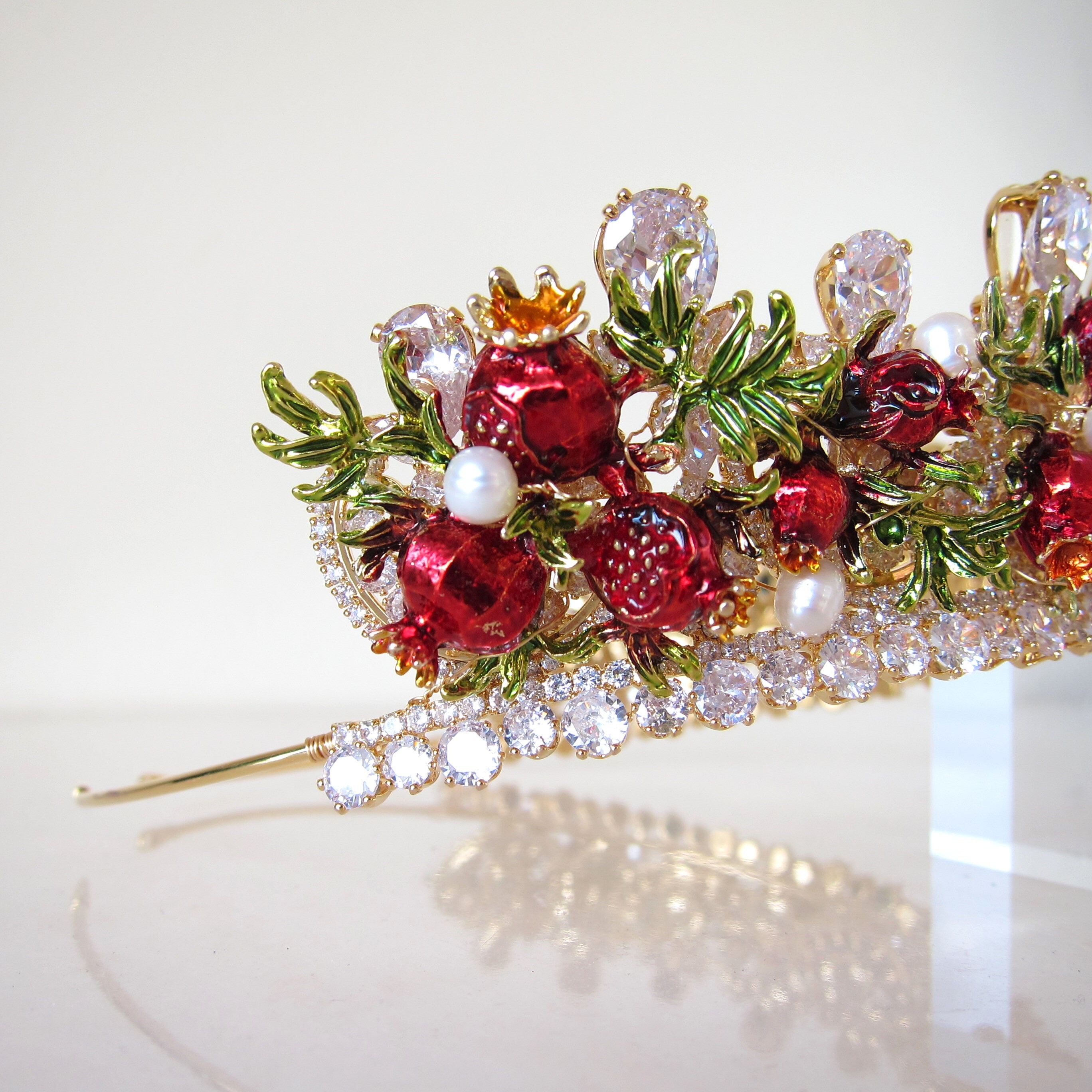 Handmade Red Gold Enamel Pomegranate Wedding Tiara Cubic Zirconia ...