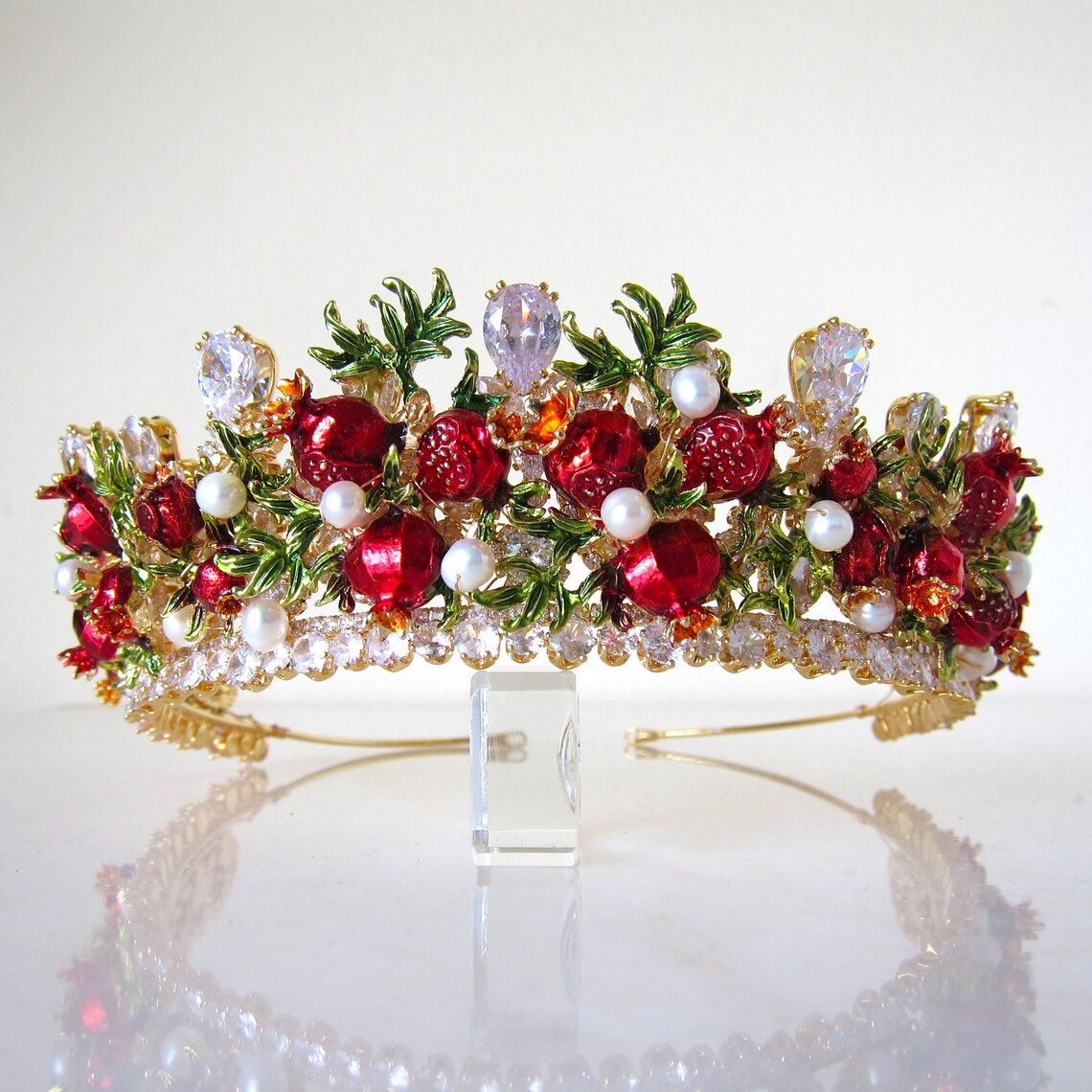 Handmade Red Gold Enamel Pomegranate Wedding Tiara Cubic Zirconia ...