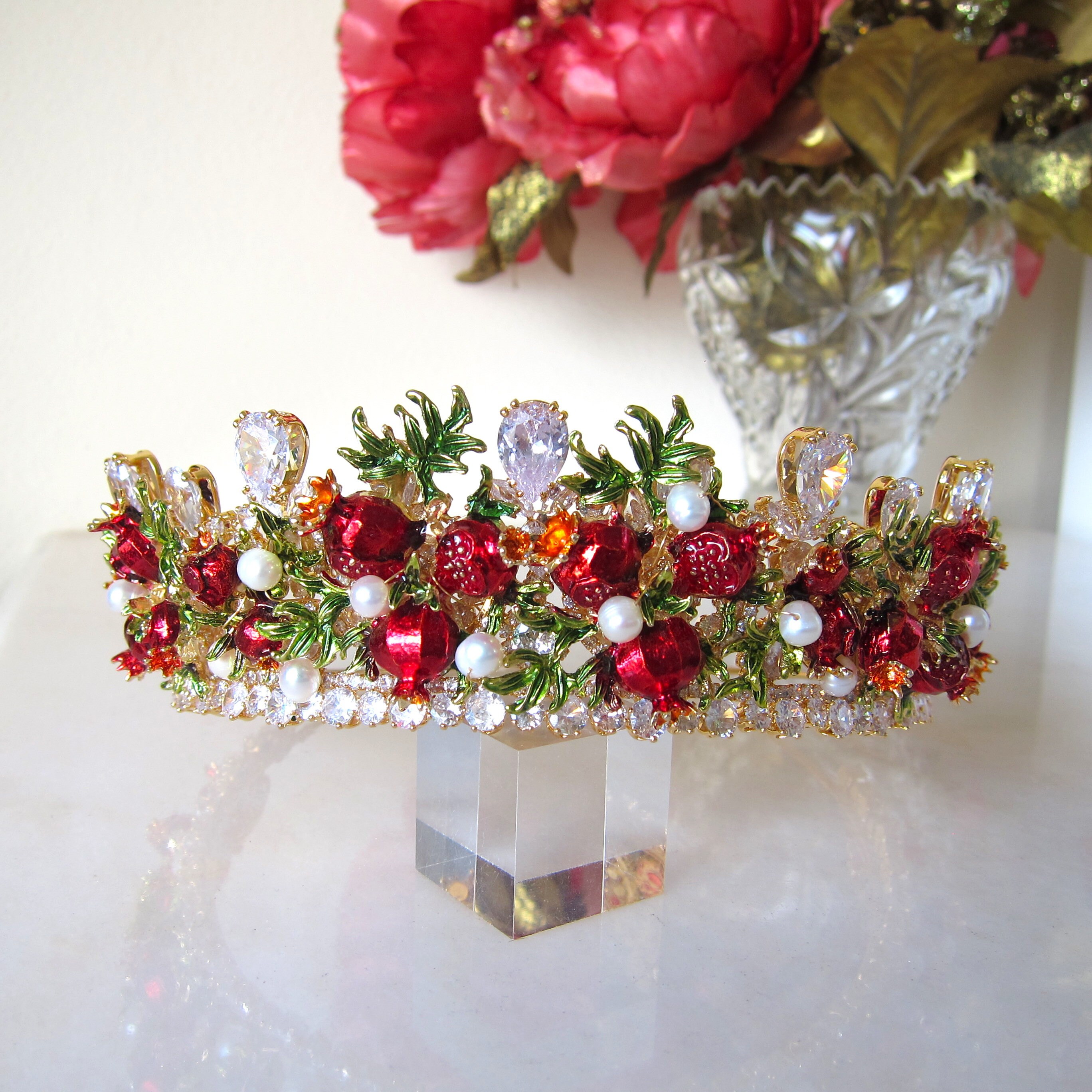 Handmade Red Gold Enamel Pomegranate Wedding Tiara Cubic Zirconia ...