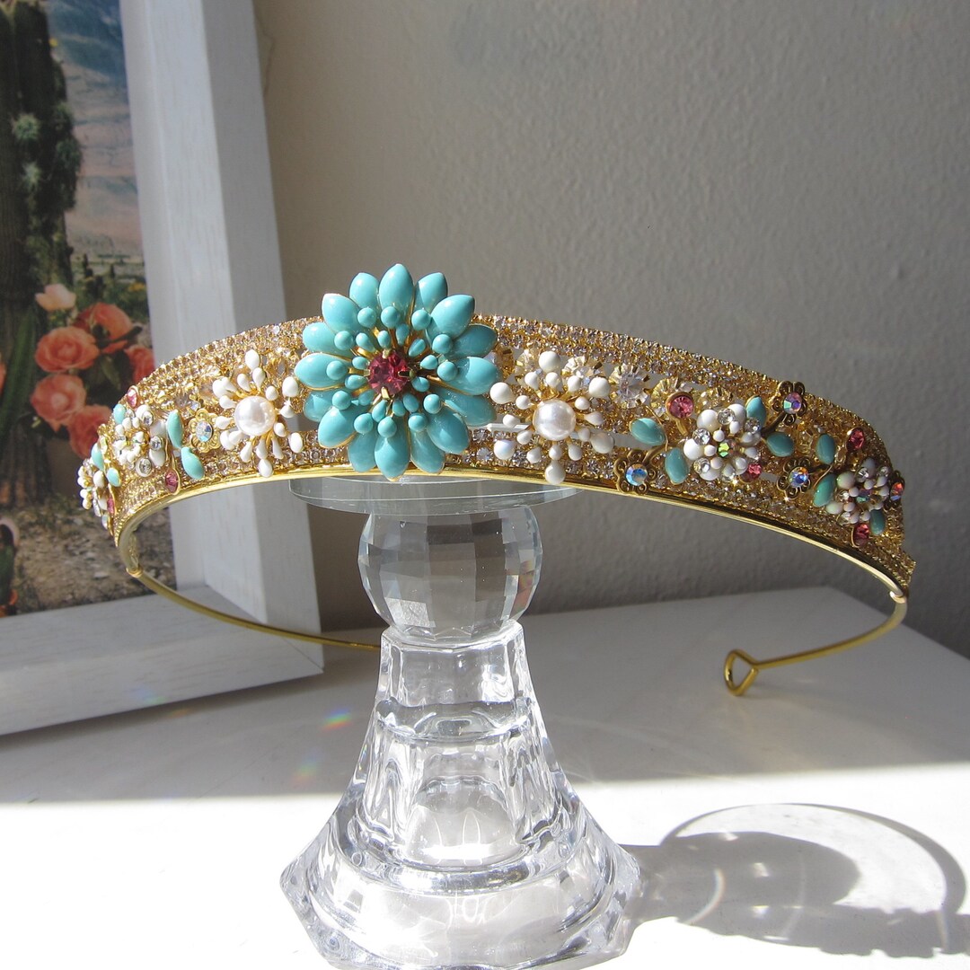 Handmade Blue Pink White Enamel Wedding Tiara - Faux Pearl Crown Bridal ...