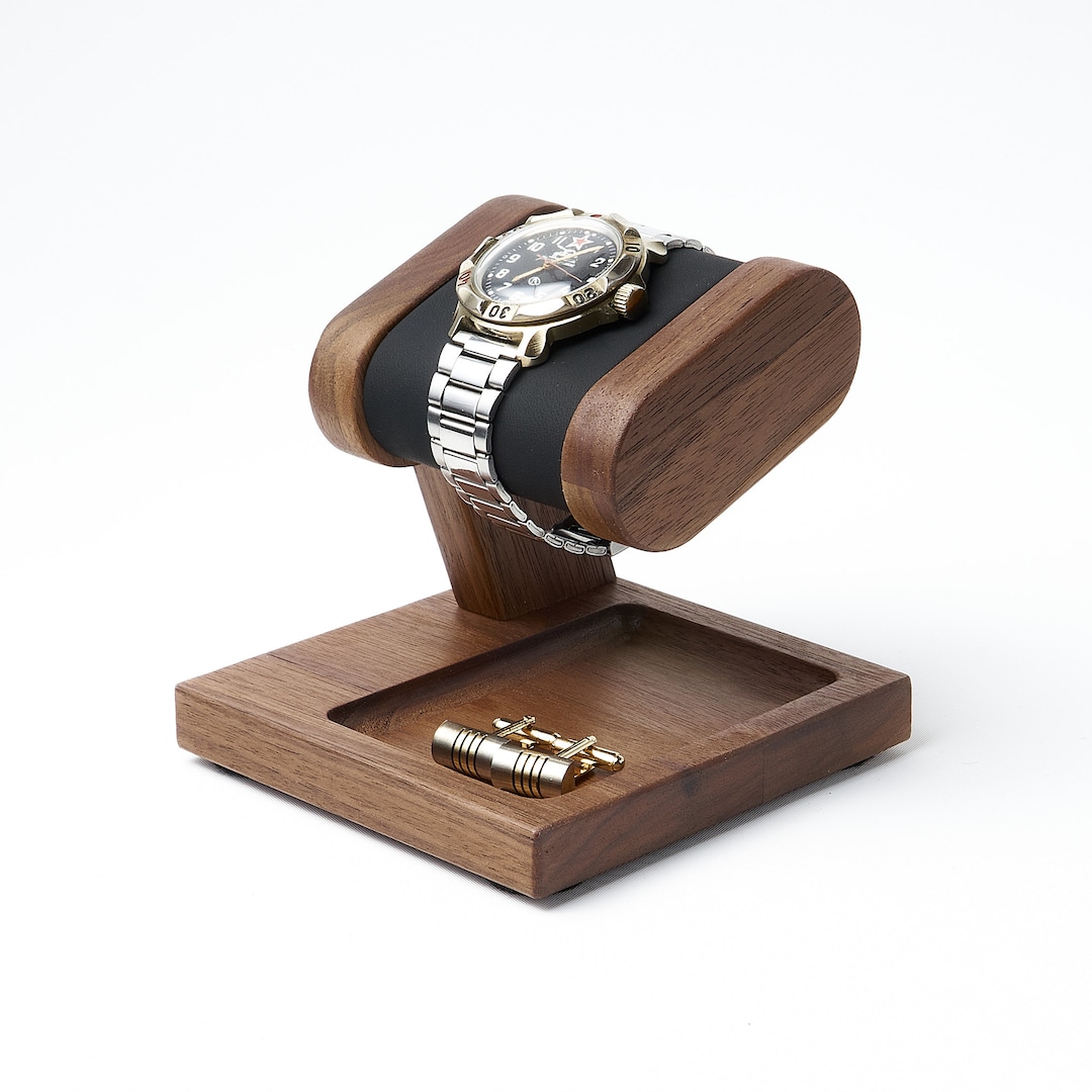 Wood Watch Stand With Black Soft Leather Pillow and Place for Storage ...