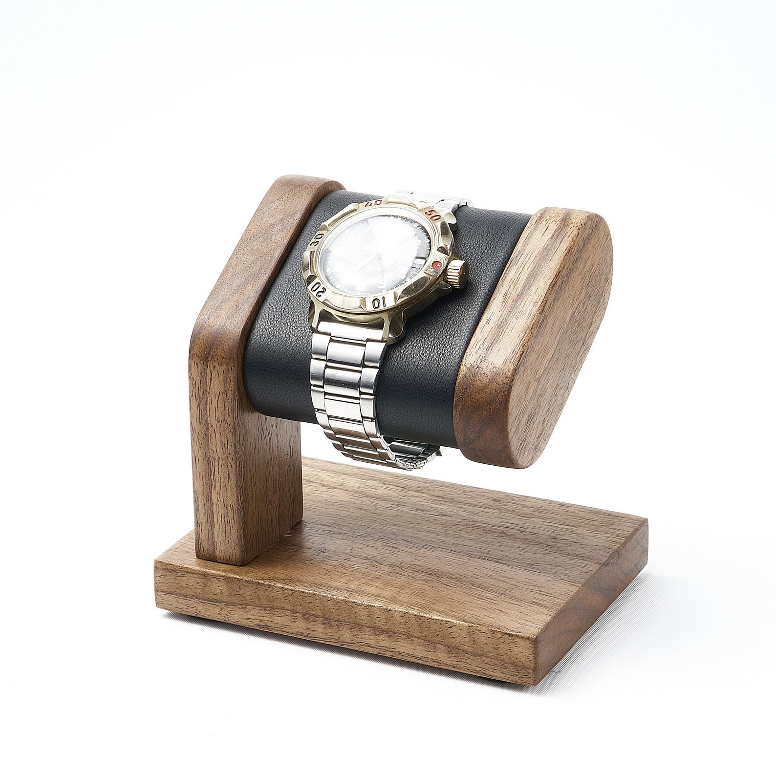 Wood Watch Stand for Man, Modern Walnut Wood Watch Stand With a Black ...