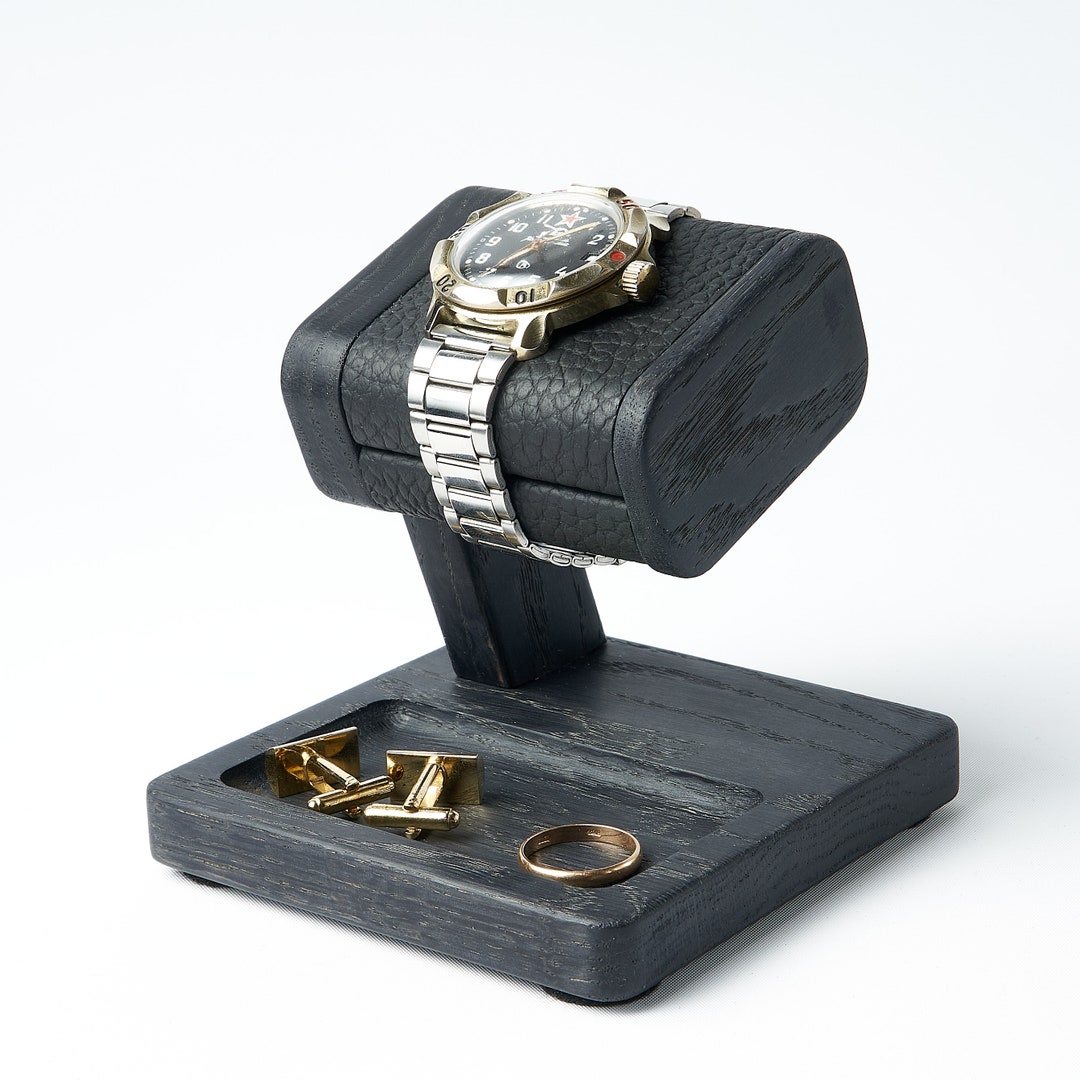 Black Watch Stand With Leather Top for Watches and Tray for Ring or ...