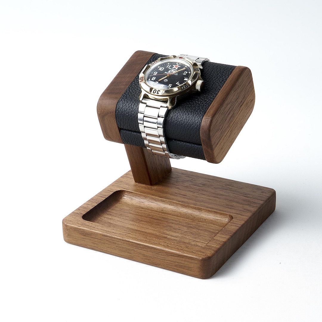 Walnut Watch Stand With Leather Top for Watches and Tray for Ring or ...